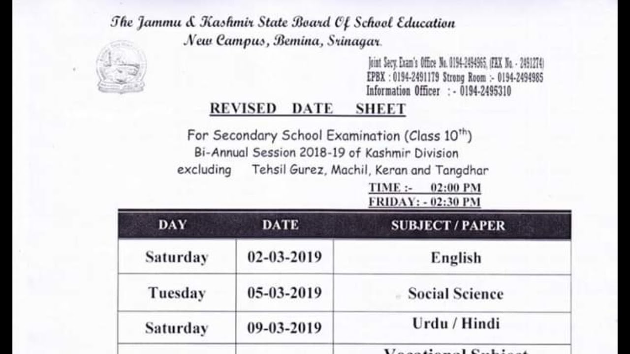 JKBOSE 10th Class Bi annual Revised Datesheet For Kashmir Division jkbose-10th-class-bi-annual-revised-datesheet-for-kashmir-division