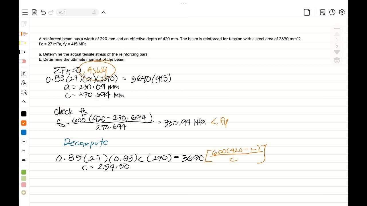 SAMPLE PROBLEM NO. 6 ANALYSIS OF SINGLY REINFORCED BEAM (STEEL DOES NOT YIELD) - YouTube