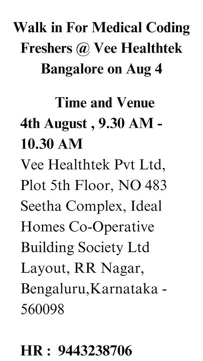 Walk in For Medical Coding Freshers @ Vee Healthtek Bangalore on Aug 4 ...