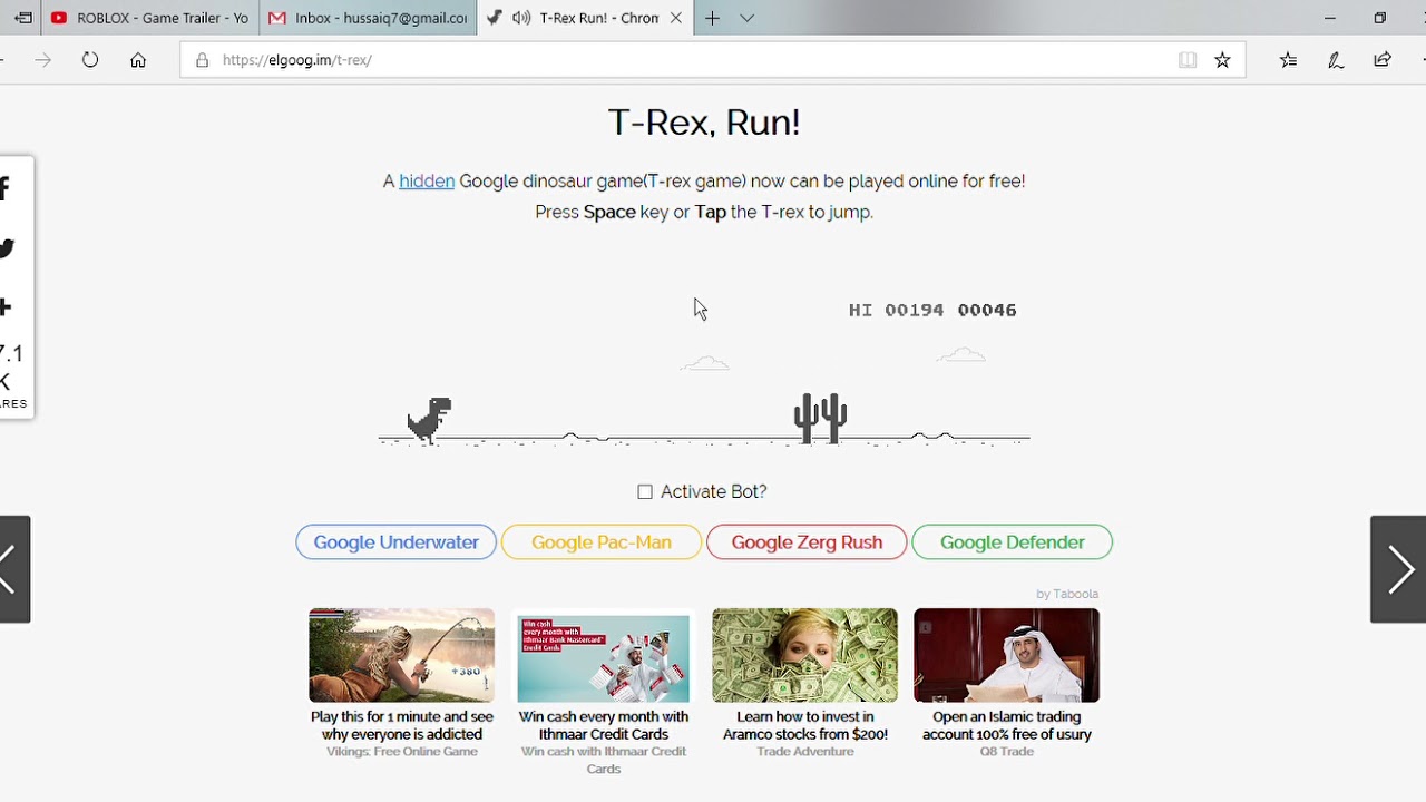 Chrome dinosaur gameplay (T-Rex Run!) - YouTube