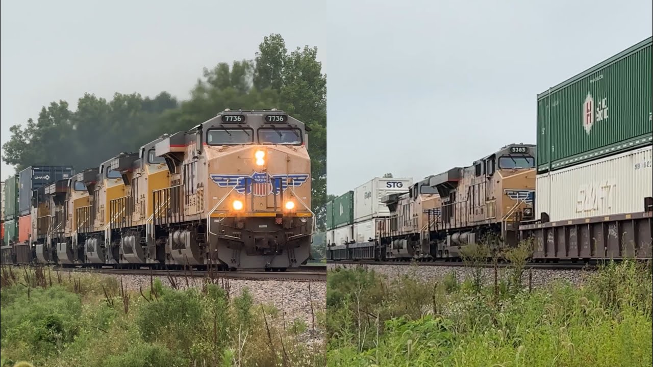 70 mph UP Z Train ft three New UP paint scheme C44ACMs!!! BNSF Transcon ...