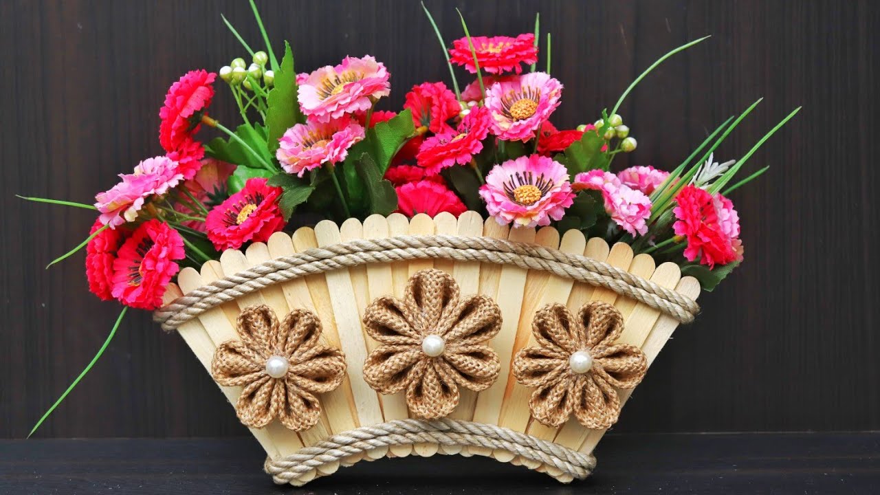 Flower Vase with Jute & Ice Cream Sticks - Home Decorating Jute Flower ...