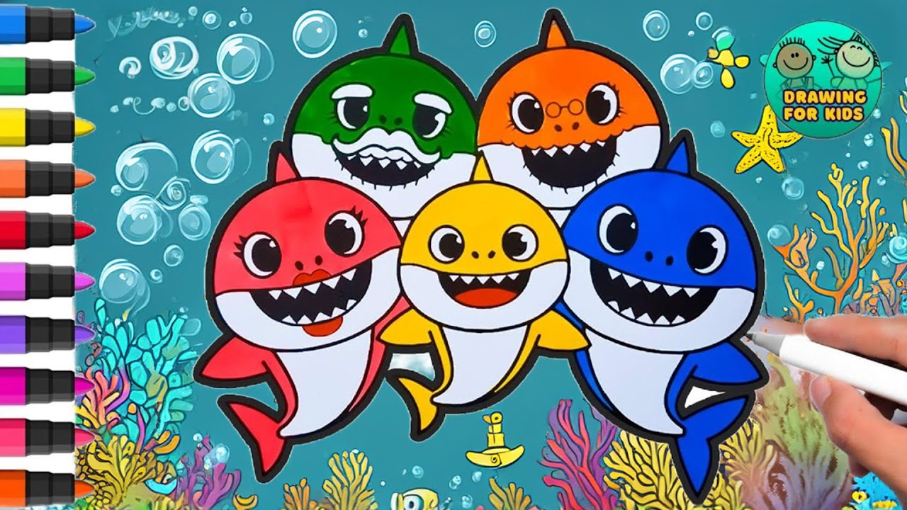 How to draw and color shark family for kids and toddlers | Drawing for ...