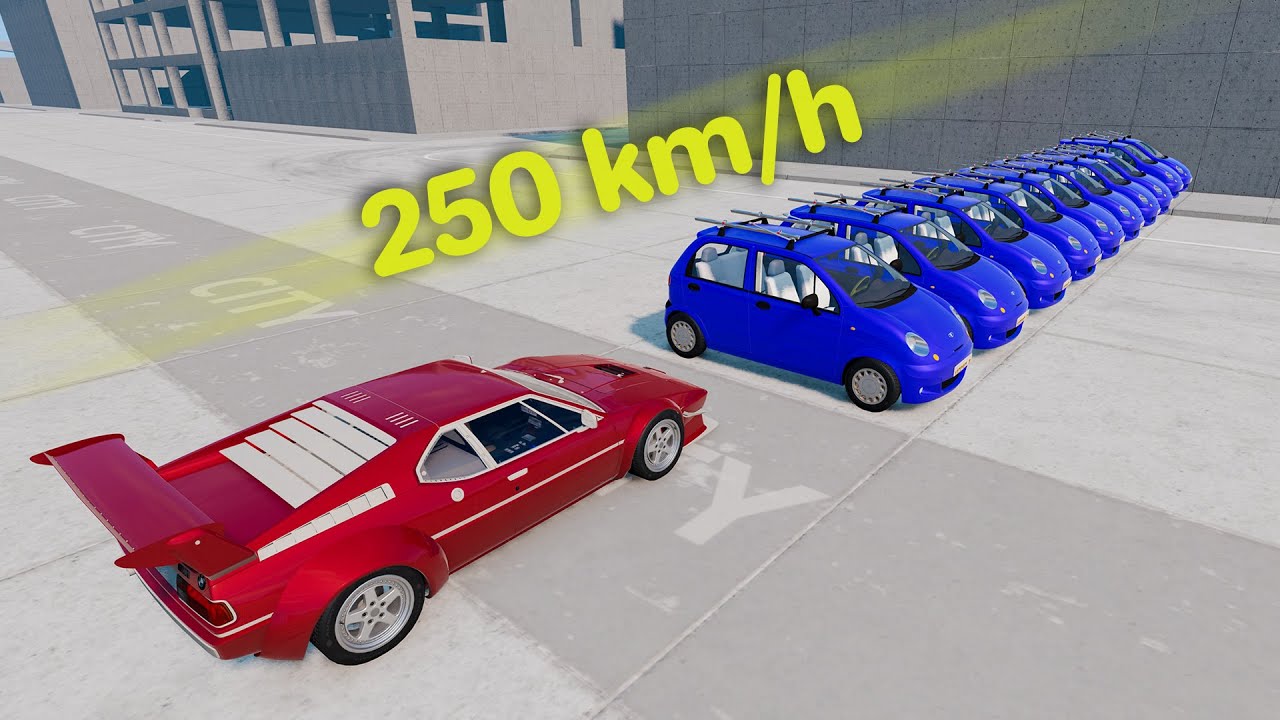BMW M1 vs 10 Daewoo Matiz Crash Test at 250 km/h | BeamNG Drive - YouTube