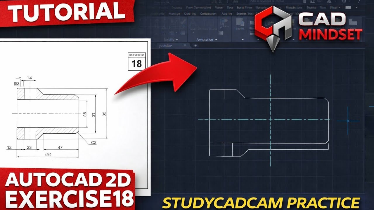 AutoCAD 2D Exercise 18 Tutorial | STUDYCADCAM Practice | CAD Mindset ...