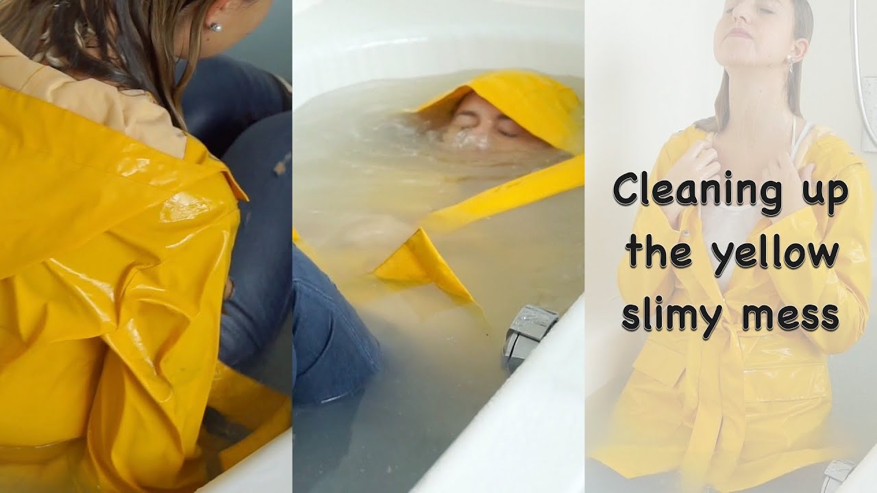 Blonde girl soaked in her yellow raincoat and Hunter wellies - YouTube