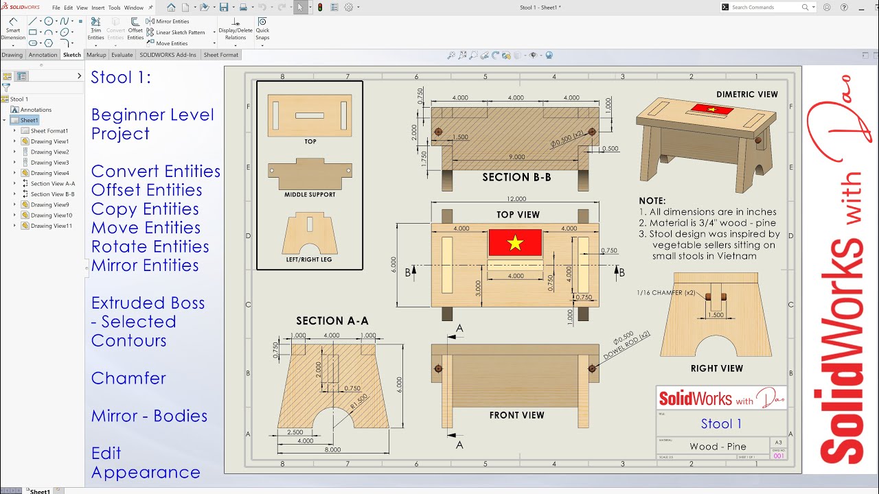 Stool 1 - Beginner Level Tutorial and Design with Solidworks | DIY ...