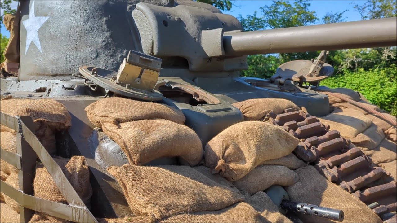 M4A4 Sherman Tank with sandbag effect additional protection, close up ...