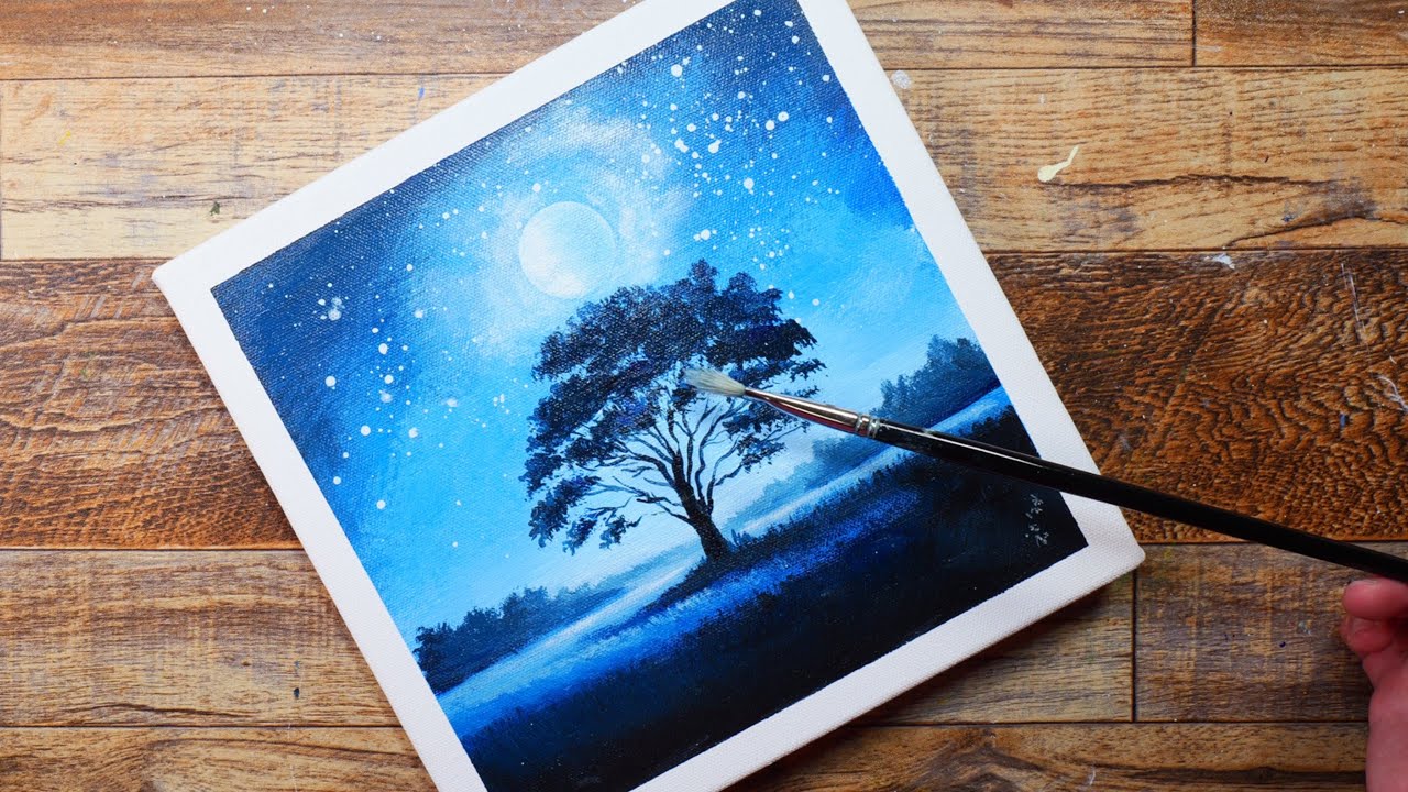 How to Draw a Tree Under the Moonlight with 3 colors| Simple Acrylic ...