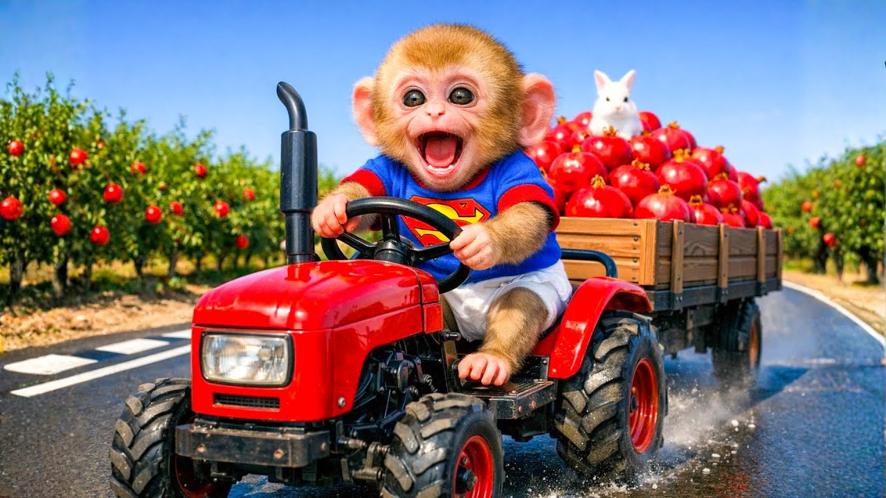 Monkey Farmer Drives Red Tractor And Harvest Pomegranate – Kuti Monkey ...