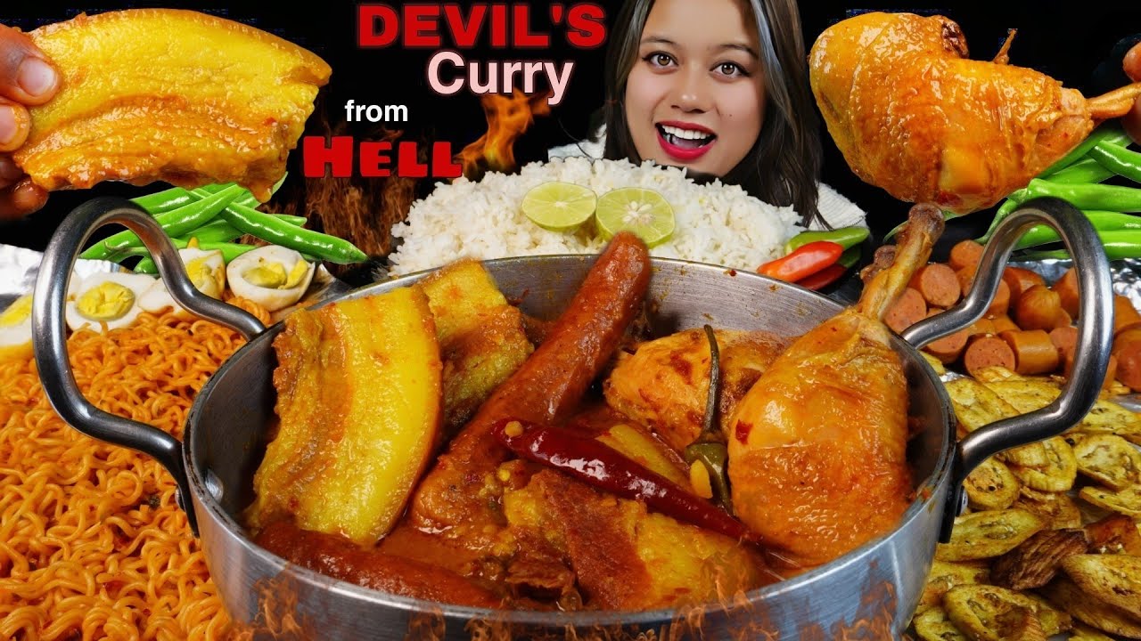 EATING DEVIL'S CURRY 🔥🔥|| SPICY PORK, CHICKEN AND BUFF SAUSAGE WITH RICE MUKBANG ASMR || CURRY ...