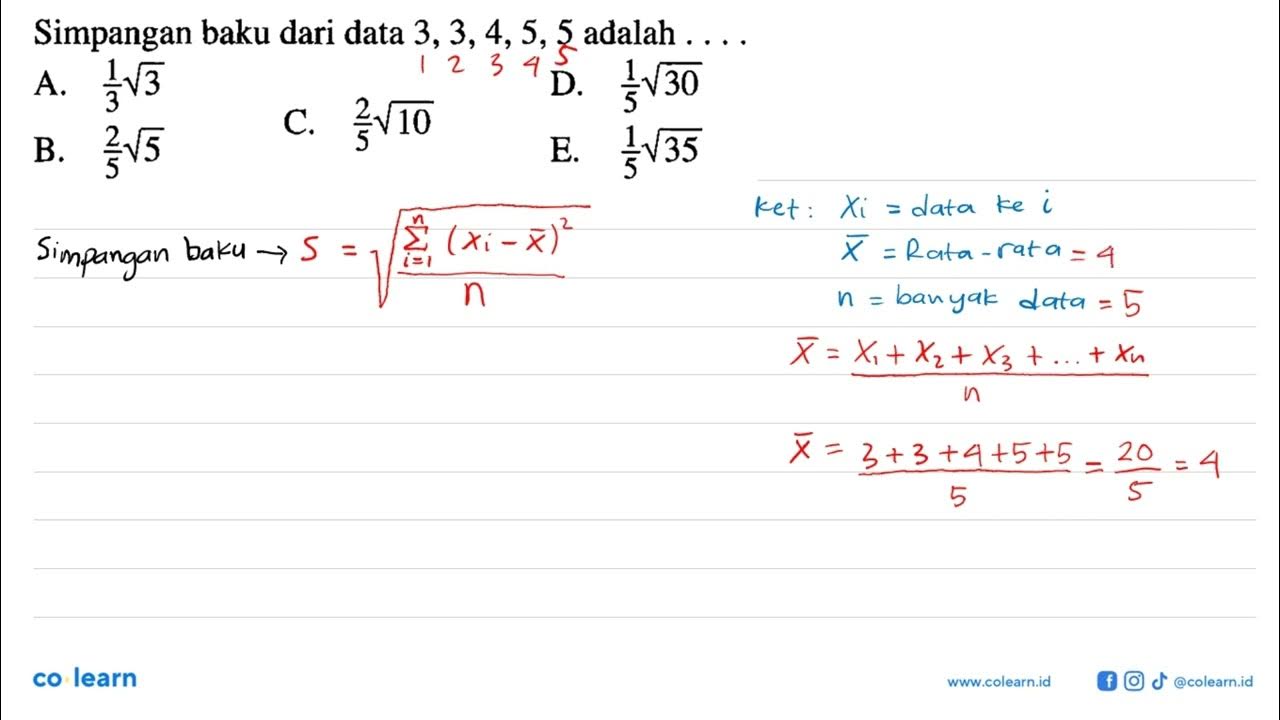 Simpangan baku dari data 3,3,4,5,5 adalah ... . - YouTube