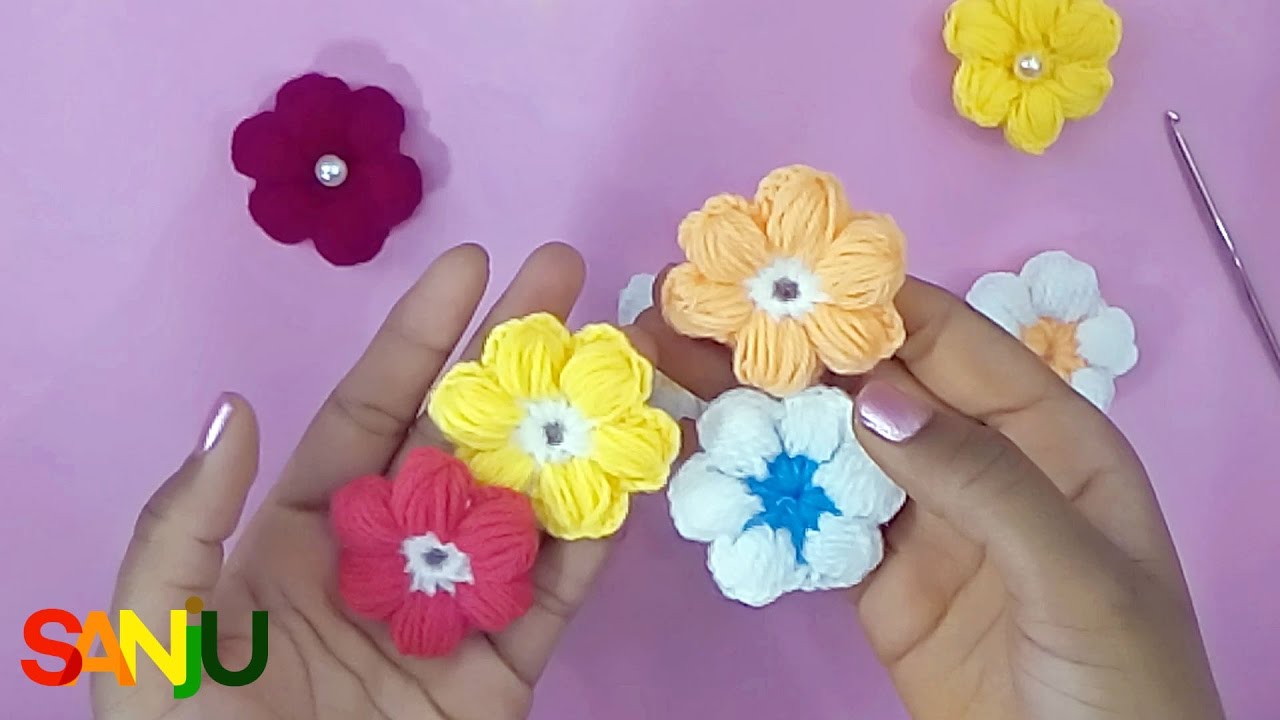 Simple and easy puff flower crochet design - YouTube