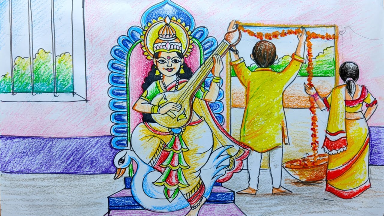 how to draw maa saraswati pujar scenery with oil pastel color step by ...