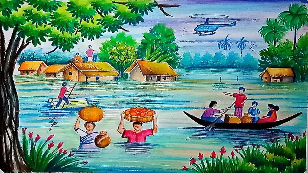 How to draw scenery of flood step by step very easy - YouTube