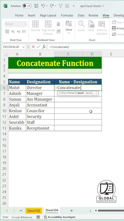 How to Use CONCATENATE Function in Excel? #excel #exceltutorial #ytshorts #globalcomputerworld ...