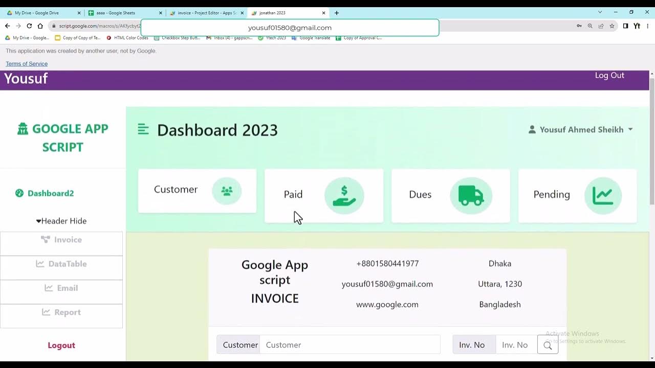 Google App Script Invoice and Dashboard Login or logout - YouTube