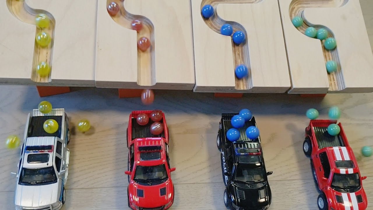 Marble run race satisfying 4 wooden course and 4 pickups - YouTube