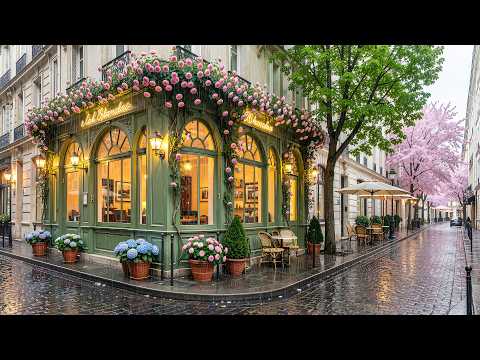 Romantic Rainy Paris Café Evening ☕ Cozy Rose Garden Street Ambience with Soft Jazz for Relax