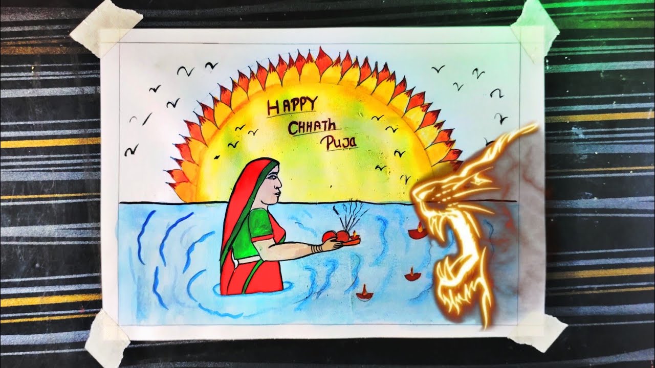 🙏🙏😍Chhath Puja Drawing|How To Draw Chhath Puja Scenery Easy For ...