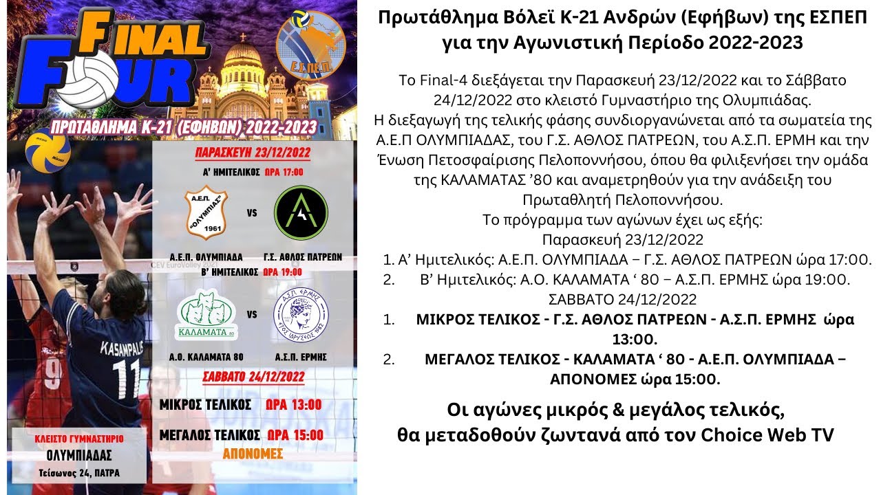 Μικρός Τελικός - ΑΘΛΟΣ ΠΑΤΡΕΩΝ - Α.Σ.Π.ΕΡΜΗ - Πρωτάθλημα Βόλεϊ Κ-21 ...