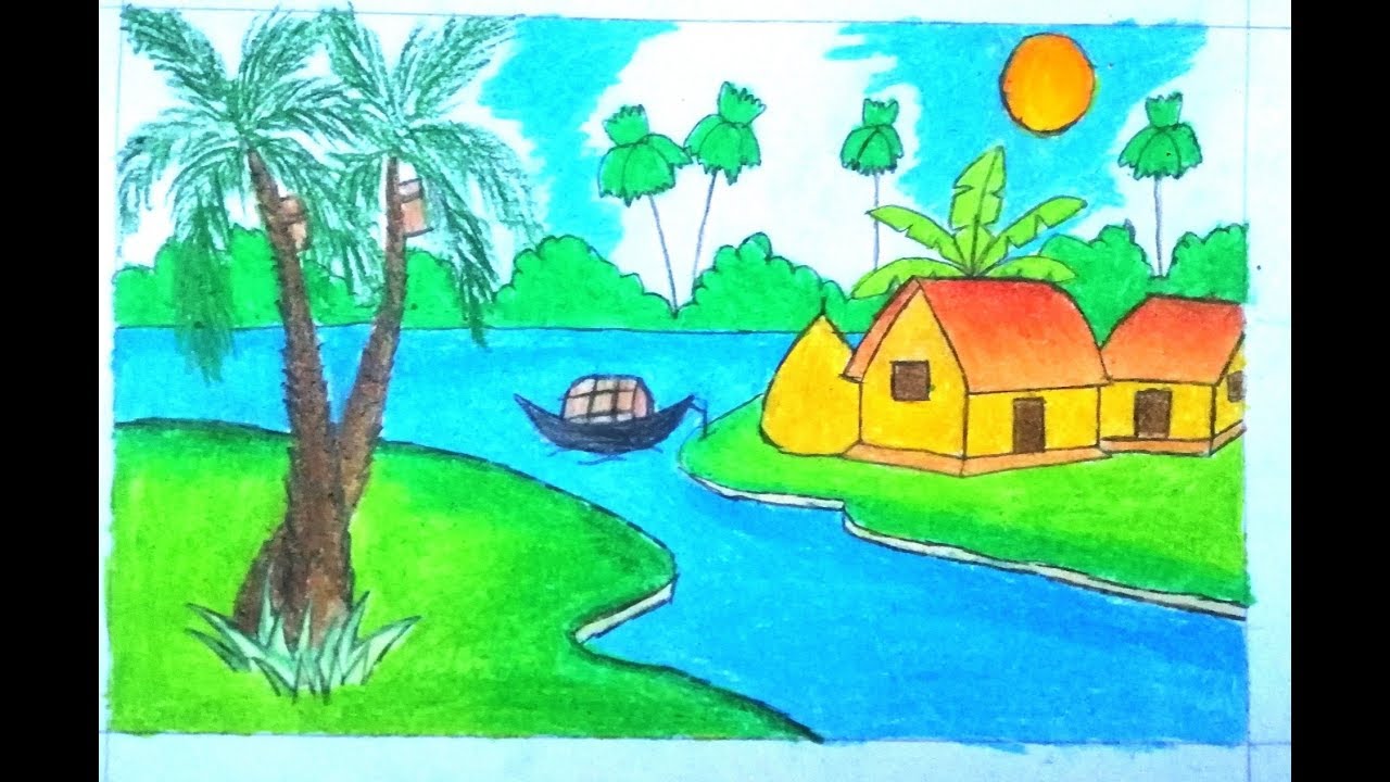 How to draw a beautiful riverside village - YouTube