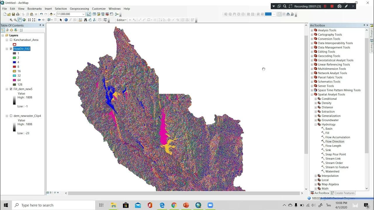 [สร้างทิศทางการไหลของน้ำ] Create Flow direction and Flow Accumulation from DEM in ArcGIS 10.5 ...