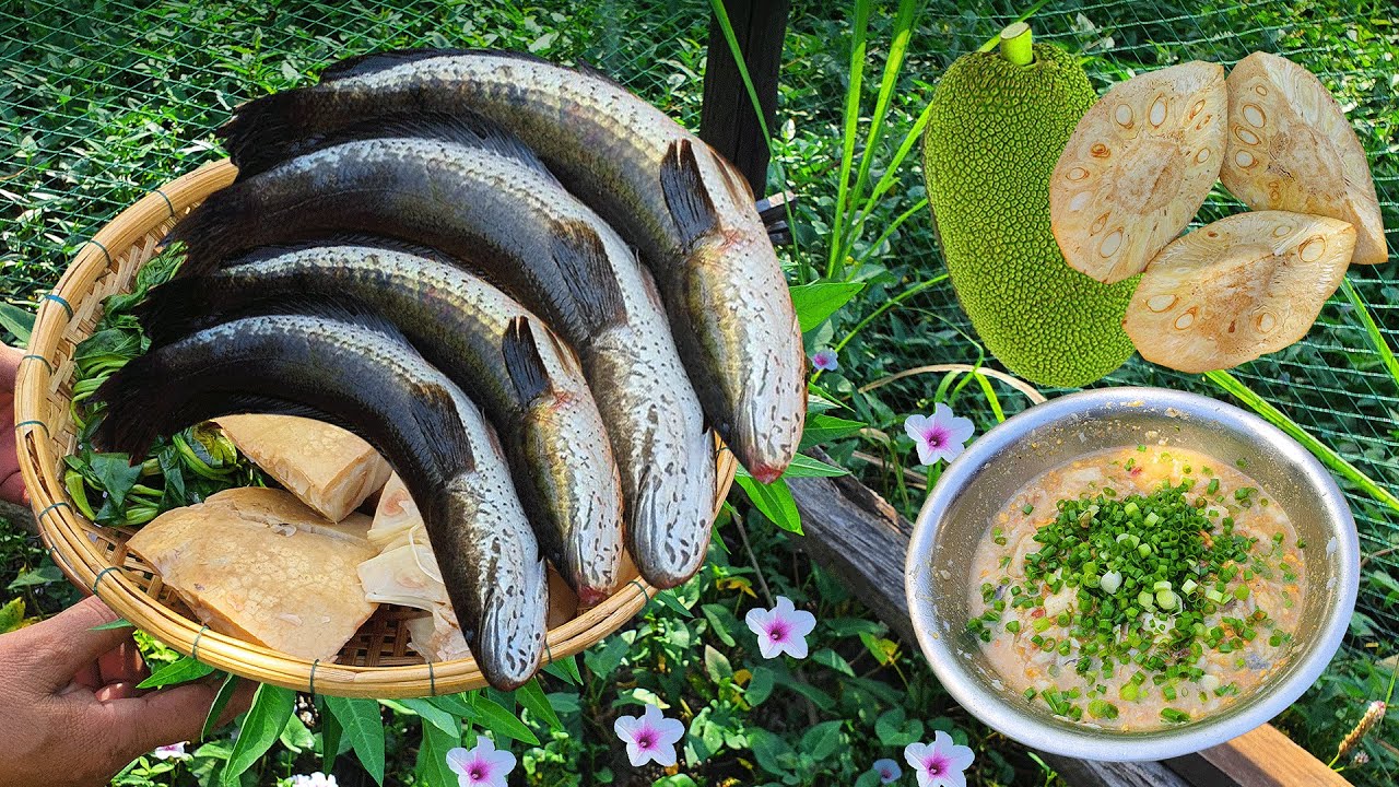Country woman cooking fish paste dip - Harvesting Fresh vegetables and ...