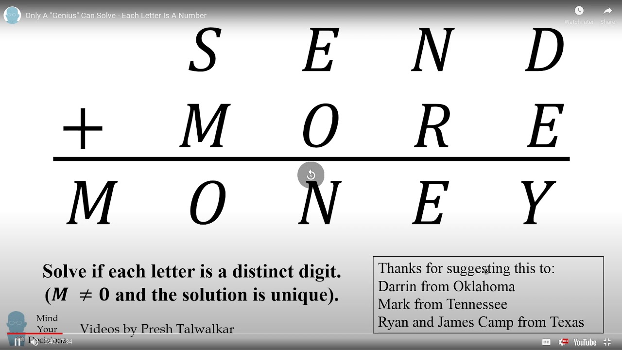 [Math?] Solving " SEND + MORE = MONEY " - YouTube
