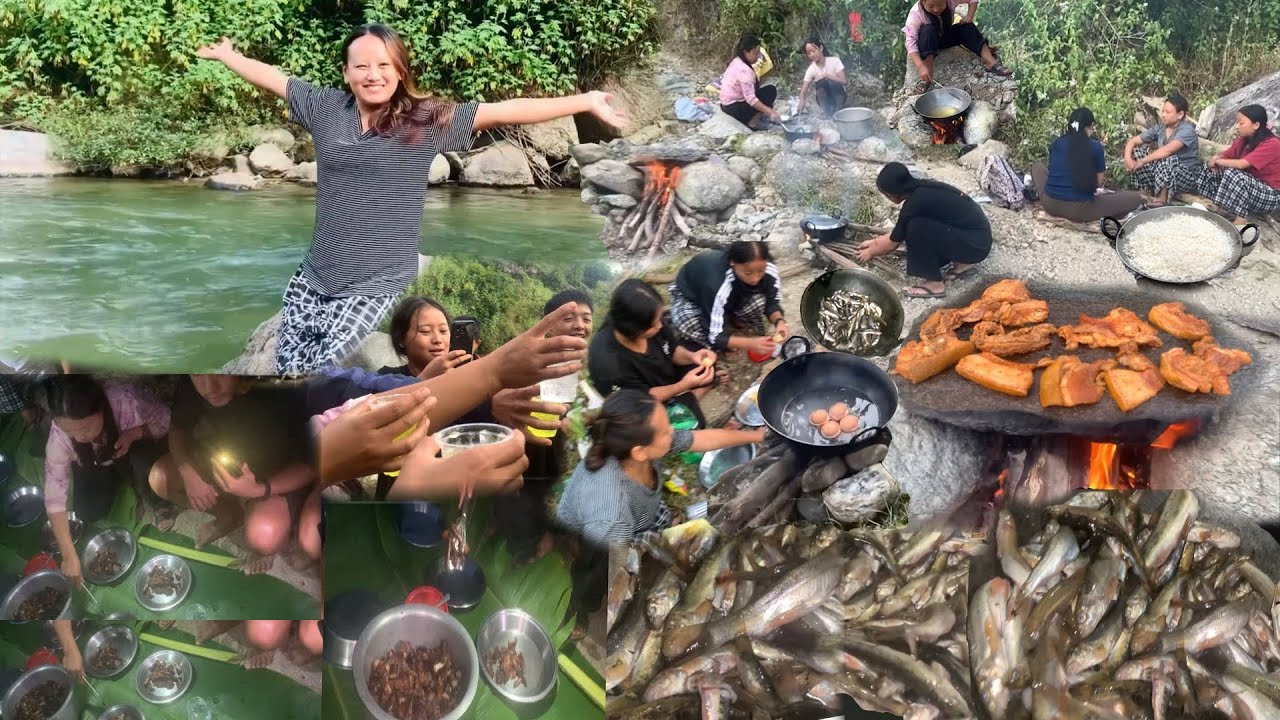 Rural Village PICNIC in River Side Fishing Asala Fish and Cooking Pork ...