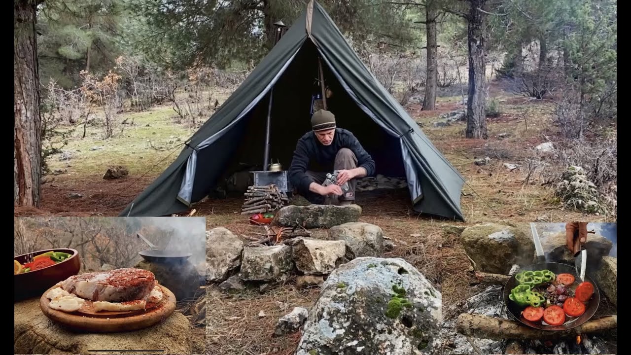 Solo Bushcraft-Hot Ten-DIY Wood STOVE-Relaxing Camp In RAIN-Wilderness ...