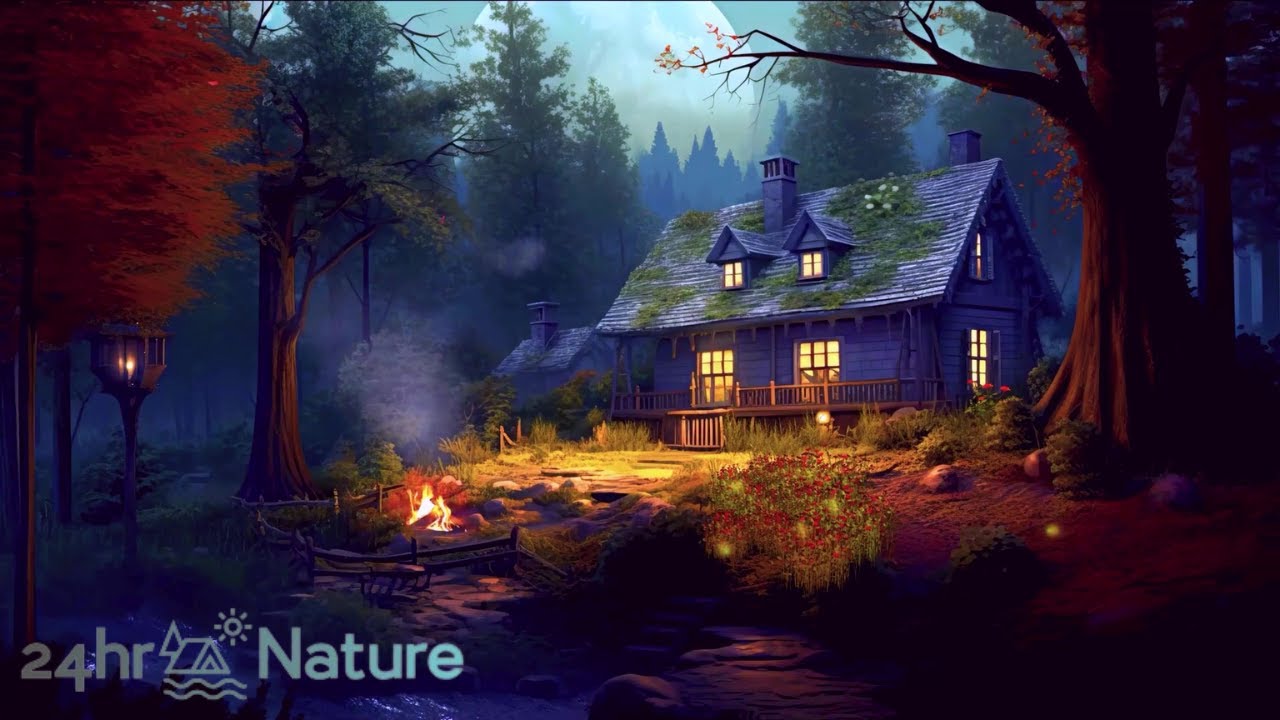 "Cozy Hut by the Small Lake with Bonfire in the Forest | Relaxing ...