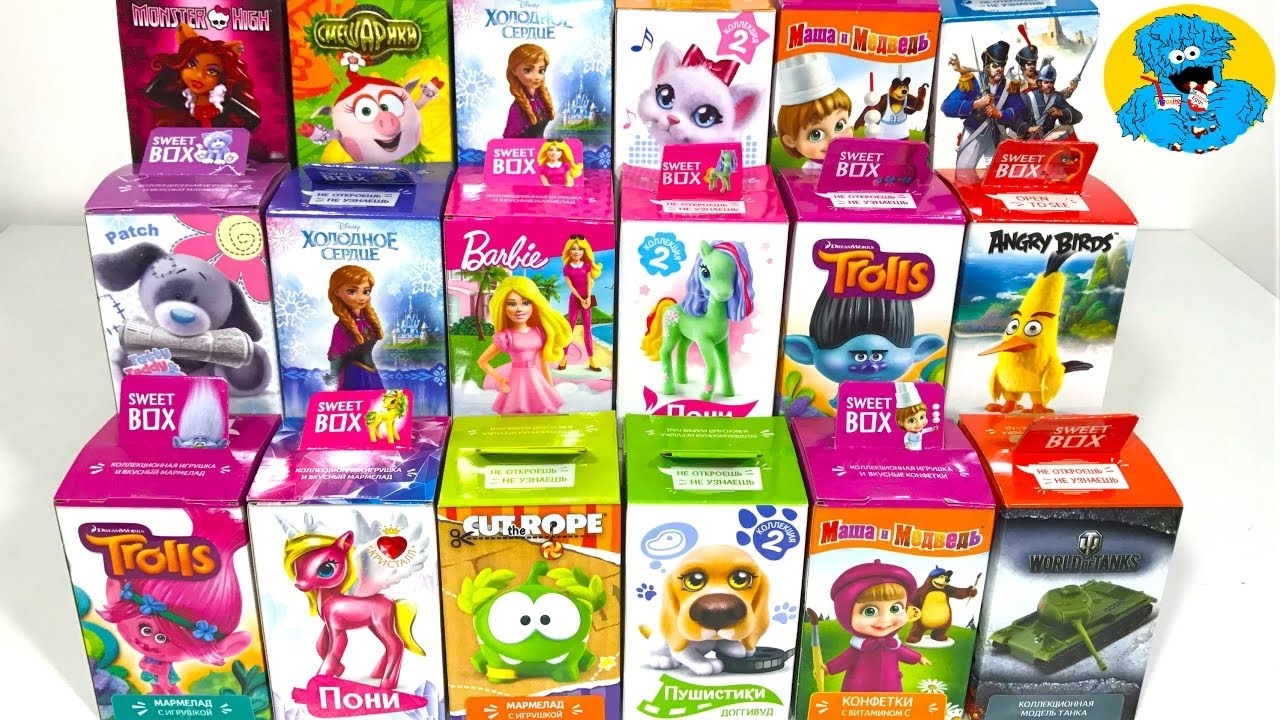 18 Surprise Toys, Unboxing Sweet Box Surprise Packs Masha and the Bear ...