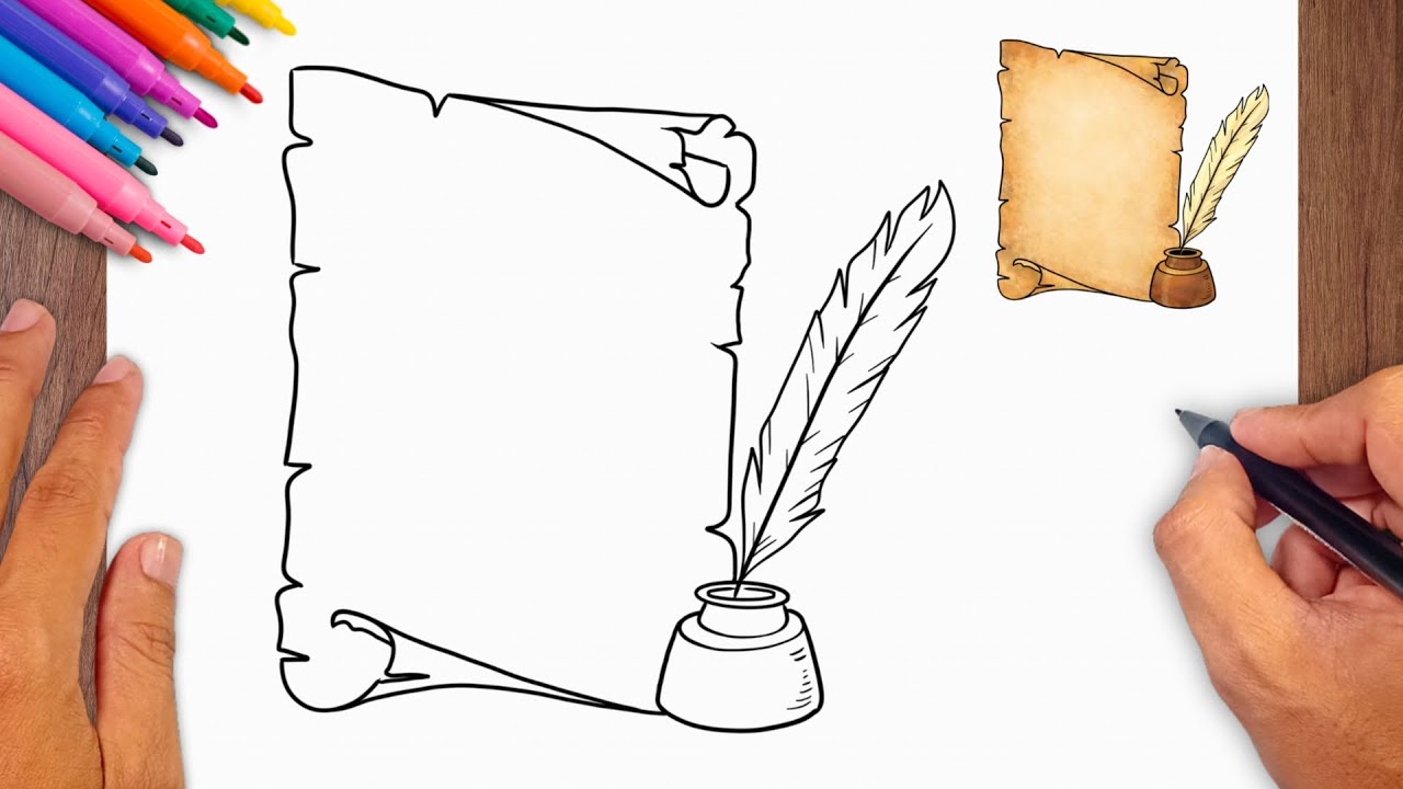 How to draw Paper Scroll And Feather - Easy Drawing for Kids ...