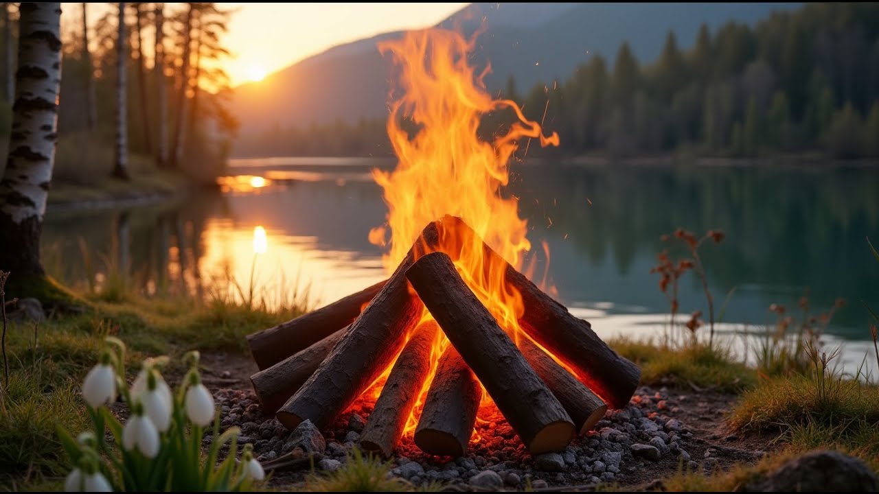 4K 🔥Likeside Campfire with Relaxing Spring Sunset. Nature Sounds for ...