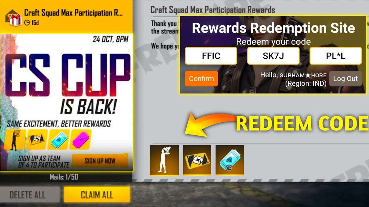 FREE FIRE REDEEM CODE | FREE FIRE CS CUP REDEEM CODE | TODAY REDEEM ...
