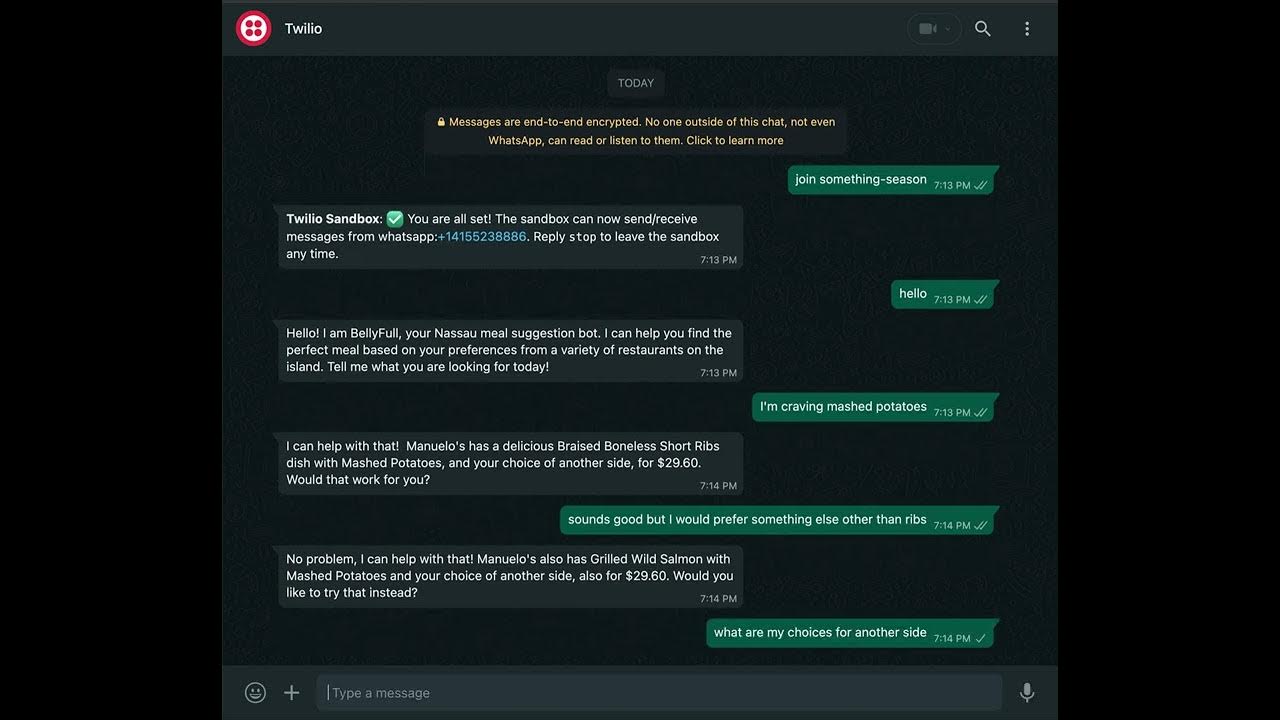Twilio Challenge - BellyFull: AI Chatbot Demo - YouTube