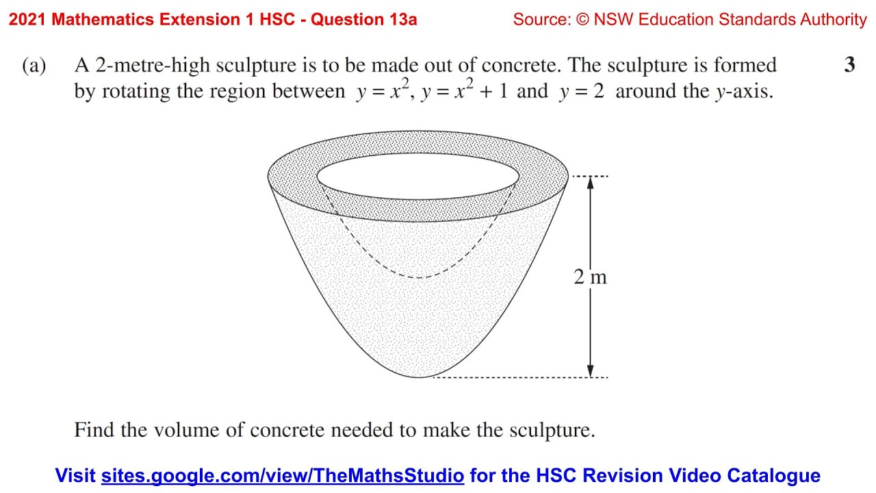 2021 Maths Extension 1 HSC Q13a Find volume of solid of revolution of ...