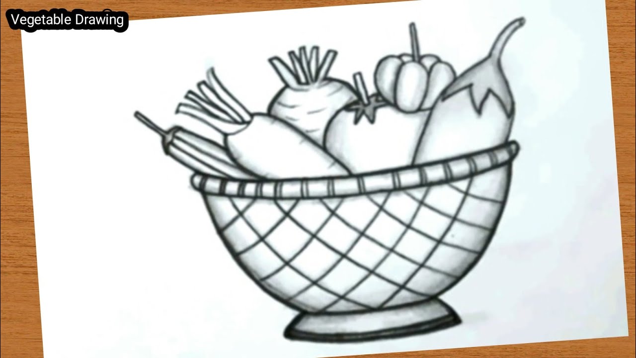 Different types of vegetables drawing | Vegetable basket drawing for ...