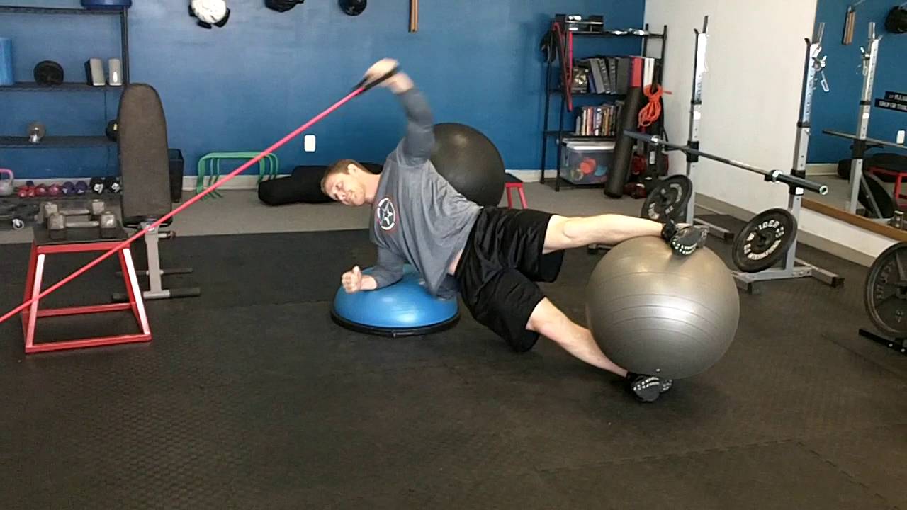 Side Plank Rear Delt with Band on BOSU with Ball - YouTube