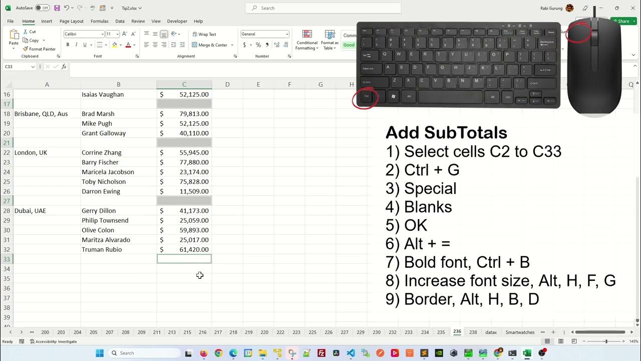Insert Subtotal - Excel Tips and Tricks - YouTube