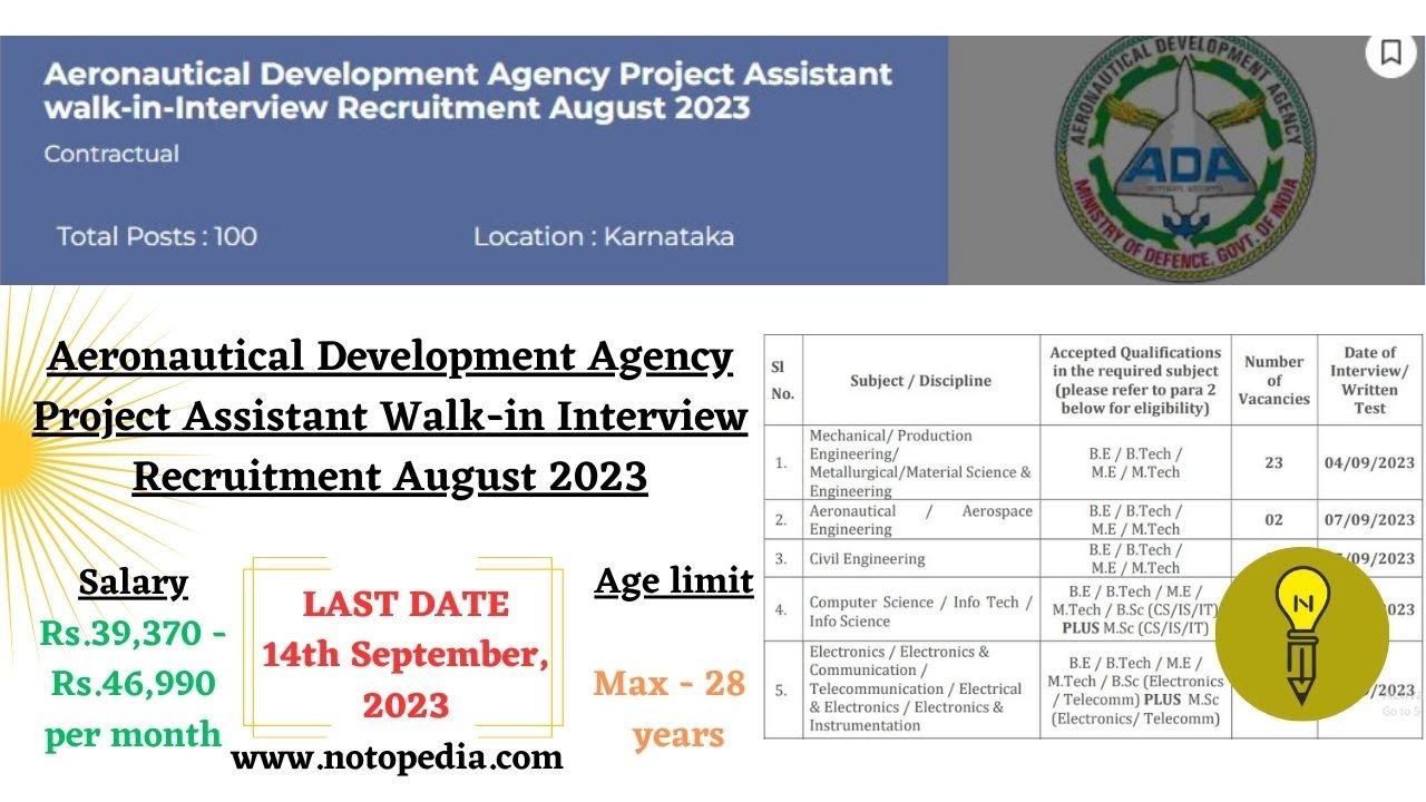 ADA - Aeronautical Dev. Agency - Project Asst. Walk-in Int. Rect ...