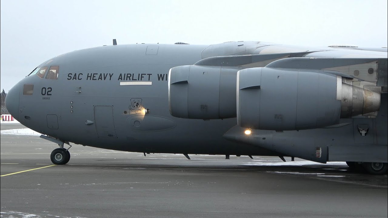 SAC C-17 Globemaster III SAC 02 departs Tampere-Pirkkala - YouTube