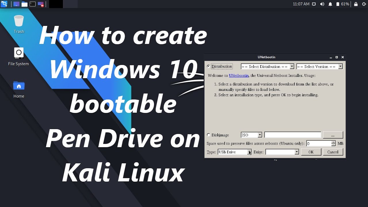 How to create Windows 10 bootable pen drive on Kali Linux - YouTube