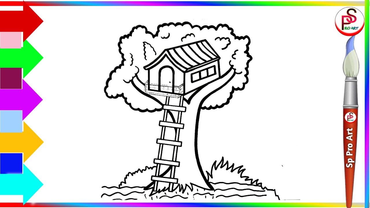 House drawing On Tree In Easy Steps || Beautiful House Drawing Step by ...