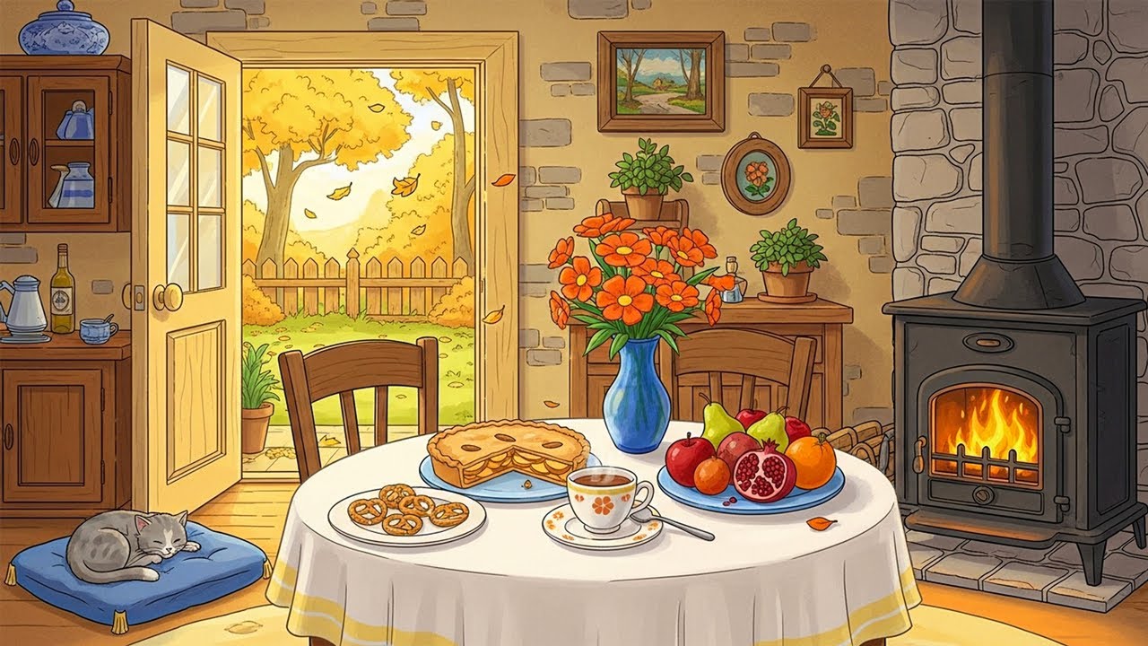 1950s Countryside Autumn Breakfast with Oldies Playing in Another Room ...