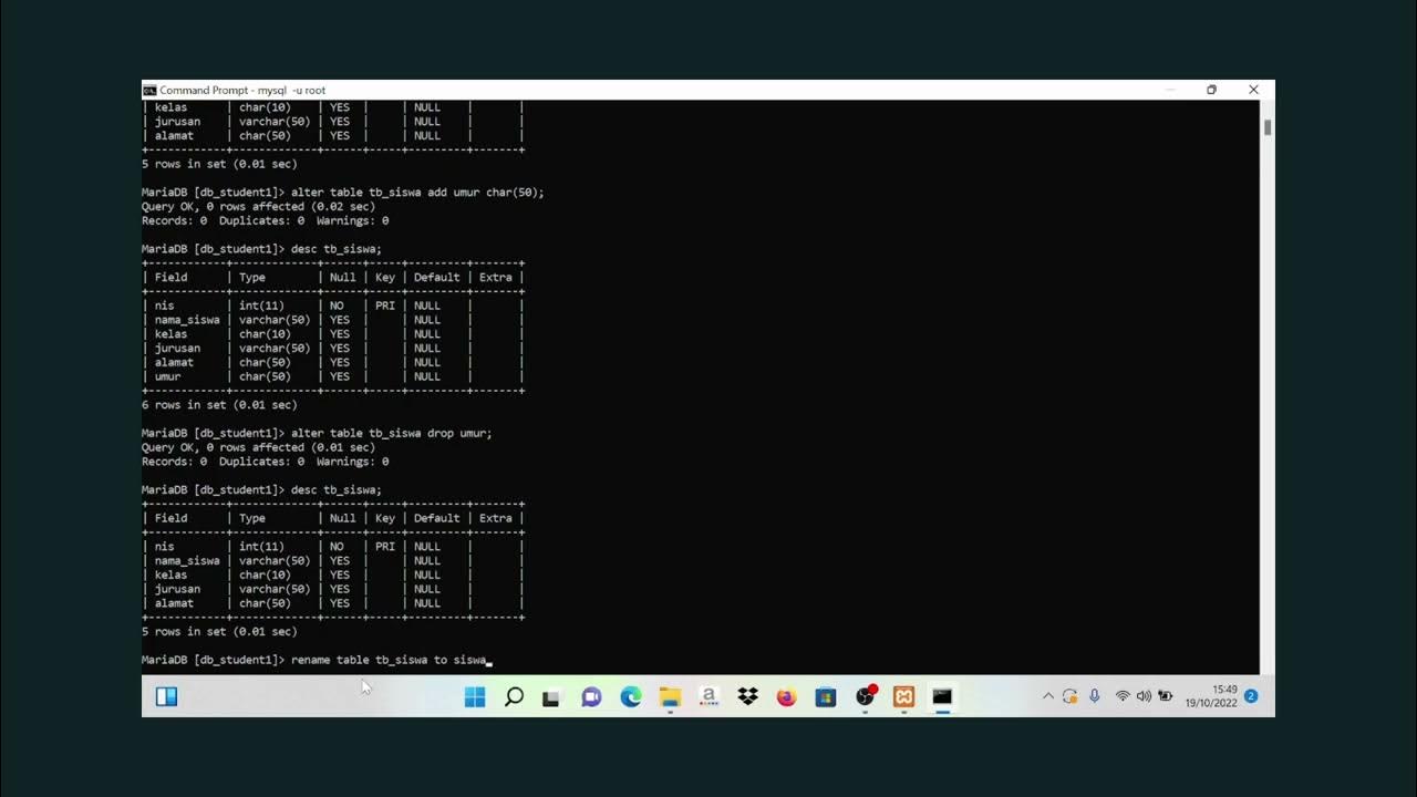 latihan pembuatan database dari kelompok DDL, dan DML di command prompt - YouTube