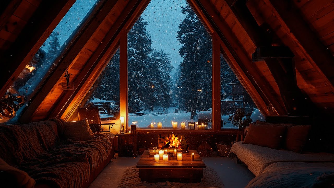 Cozy Cabin Space With Fireplace, Snow Falling Sound And Wind Blowing⛈️ ...