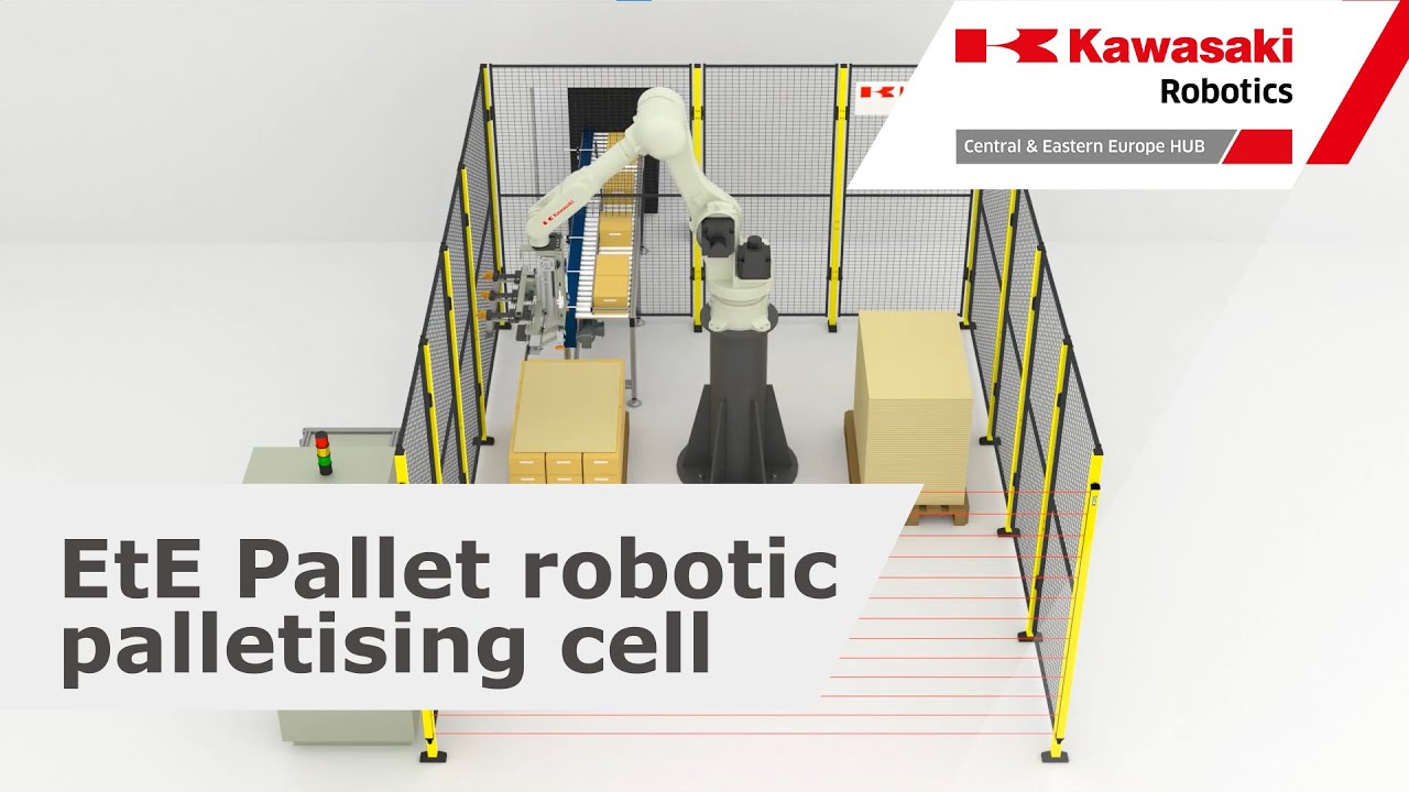 Kawasaki Robotics: EtE Pallet robotic palletising cell - YouTube