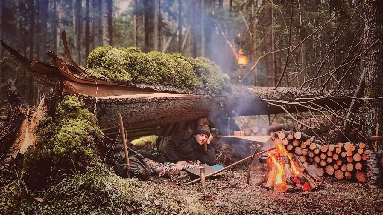 Bushcraft in a cold winter forest. Build Primitive shelter for survival ...